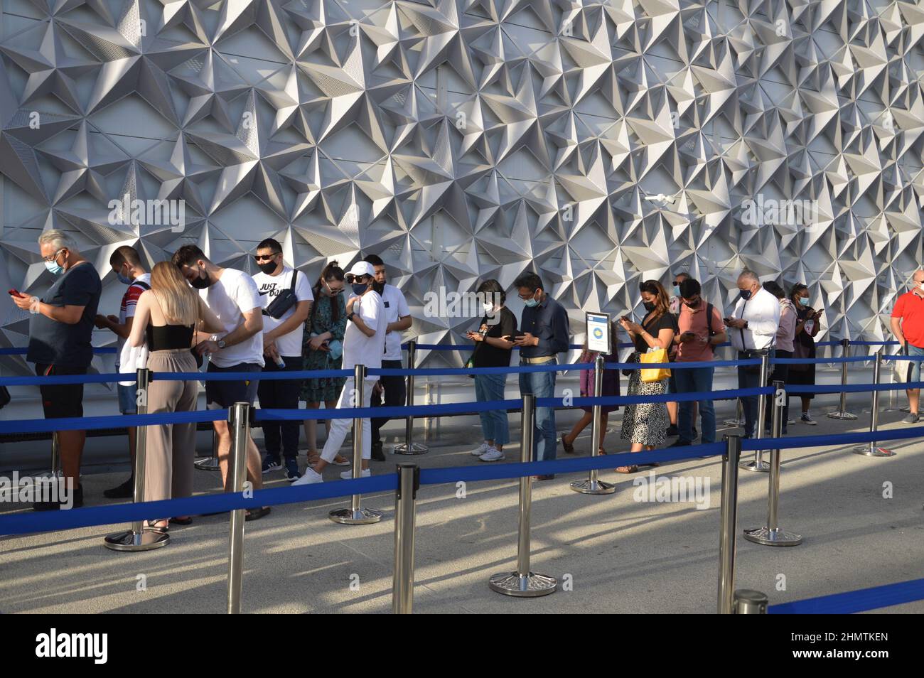 Expo visitors standing in queue in front of The US Pavilion at Expo ...