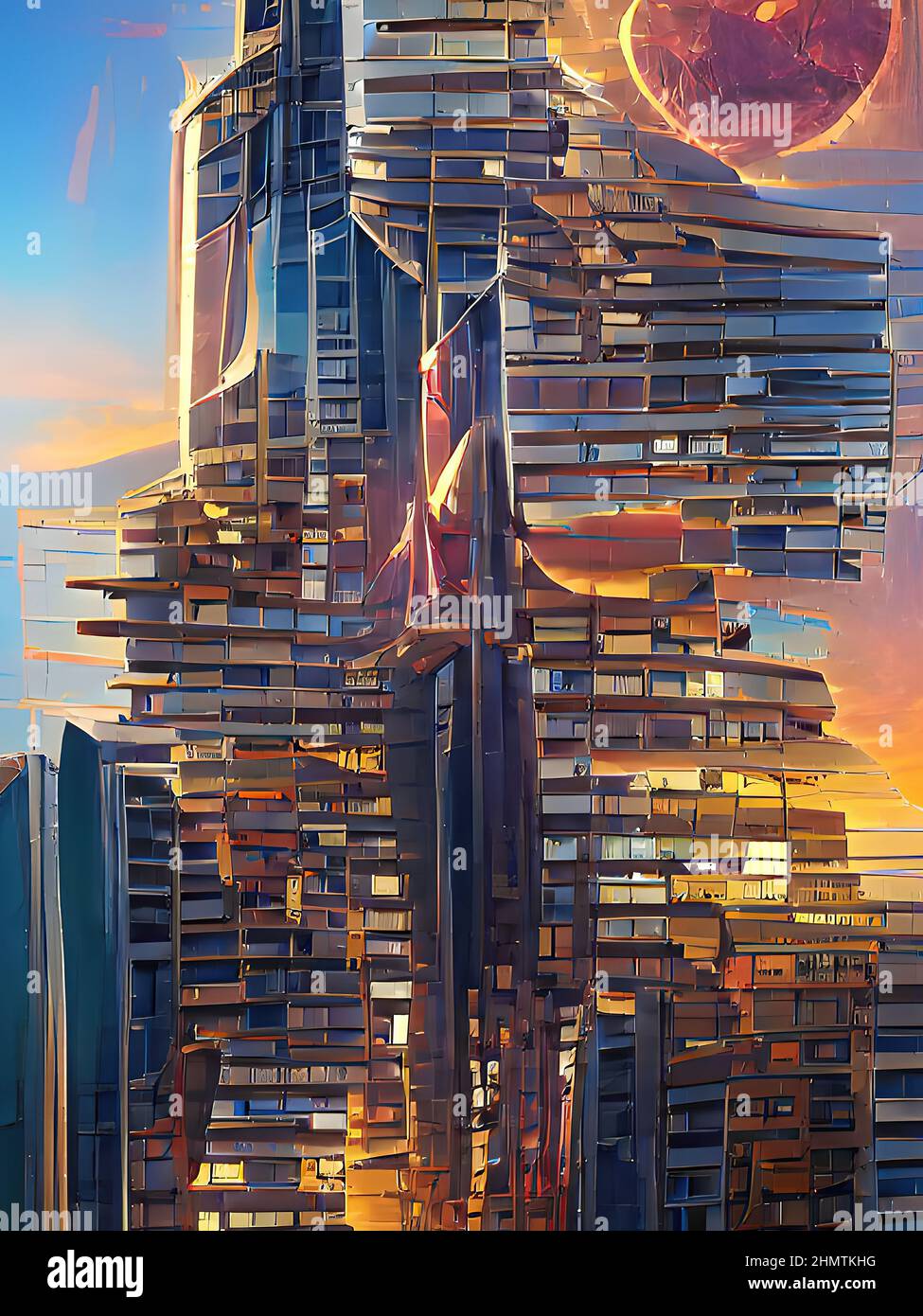 Abstract digital painting of a skyscraper reflecting the sun Stock ...