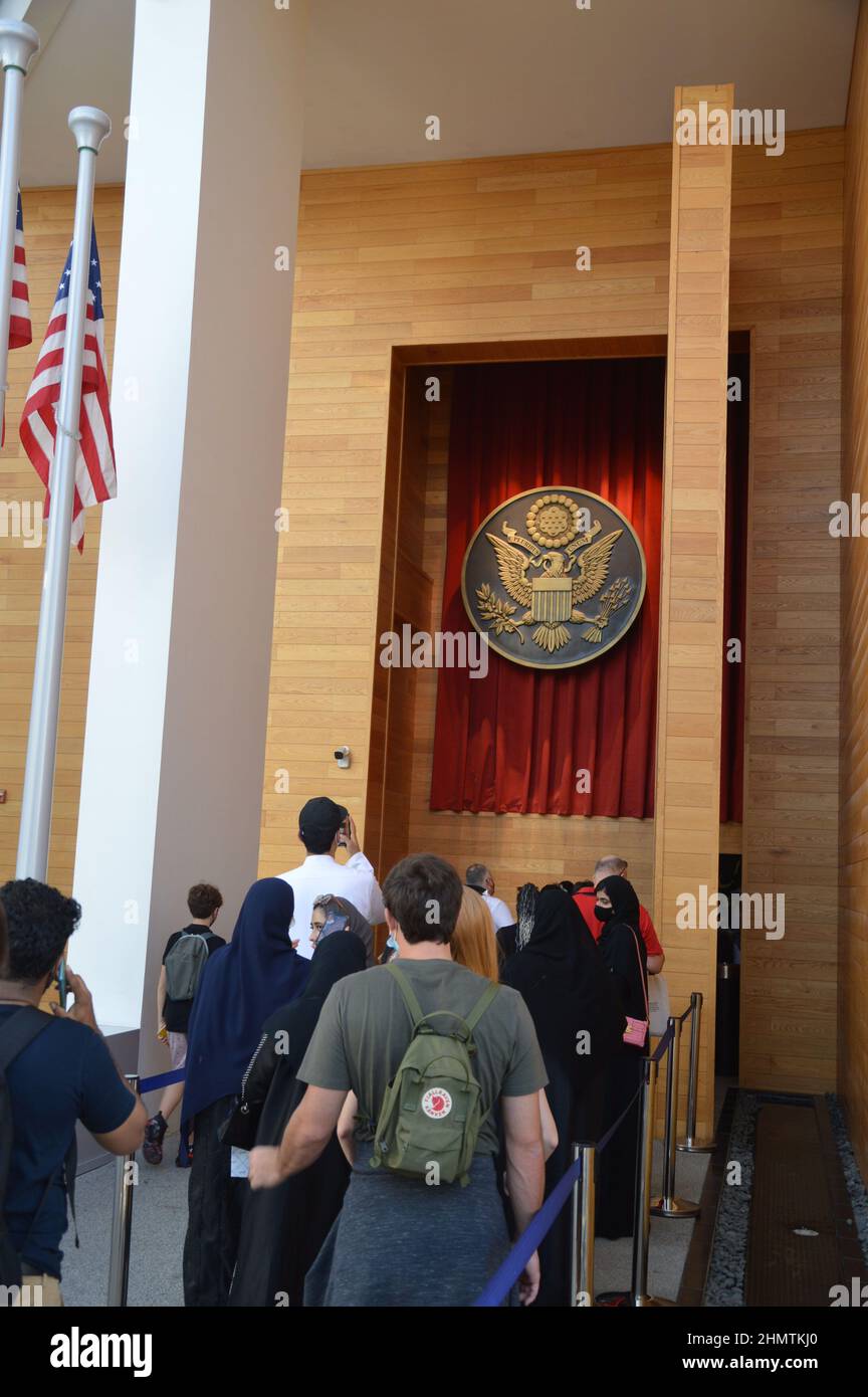 Expo visitors standing in queue in front of The US Pavilion at Expo ...