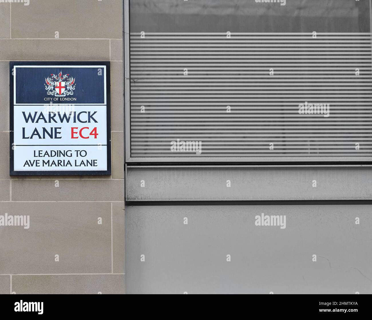 Street sign for Warwick Lane (leading to Ave Maria lane), EC4, in the ...