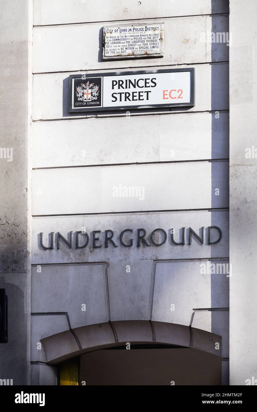Street sign for Princes Street, EC2, in the City of london, England ...