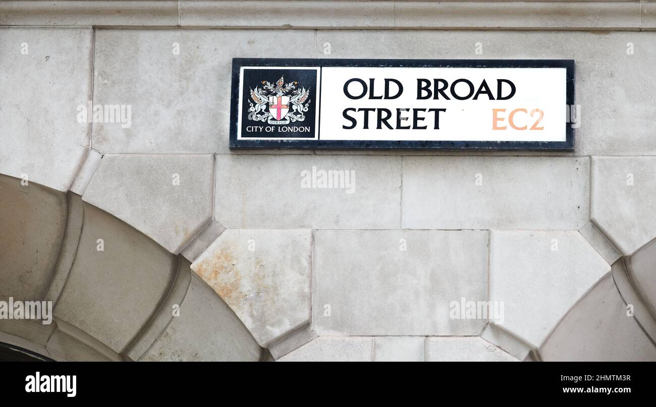 Street sign for Old Broad Street, EC2, in the City of london, England ...