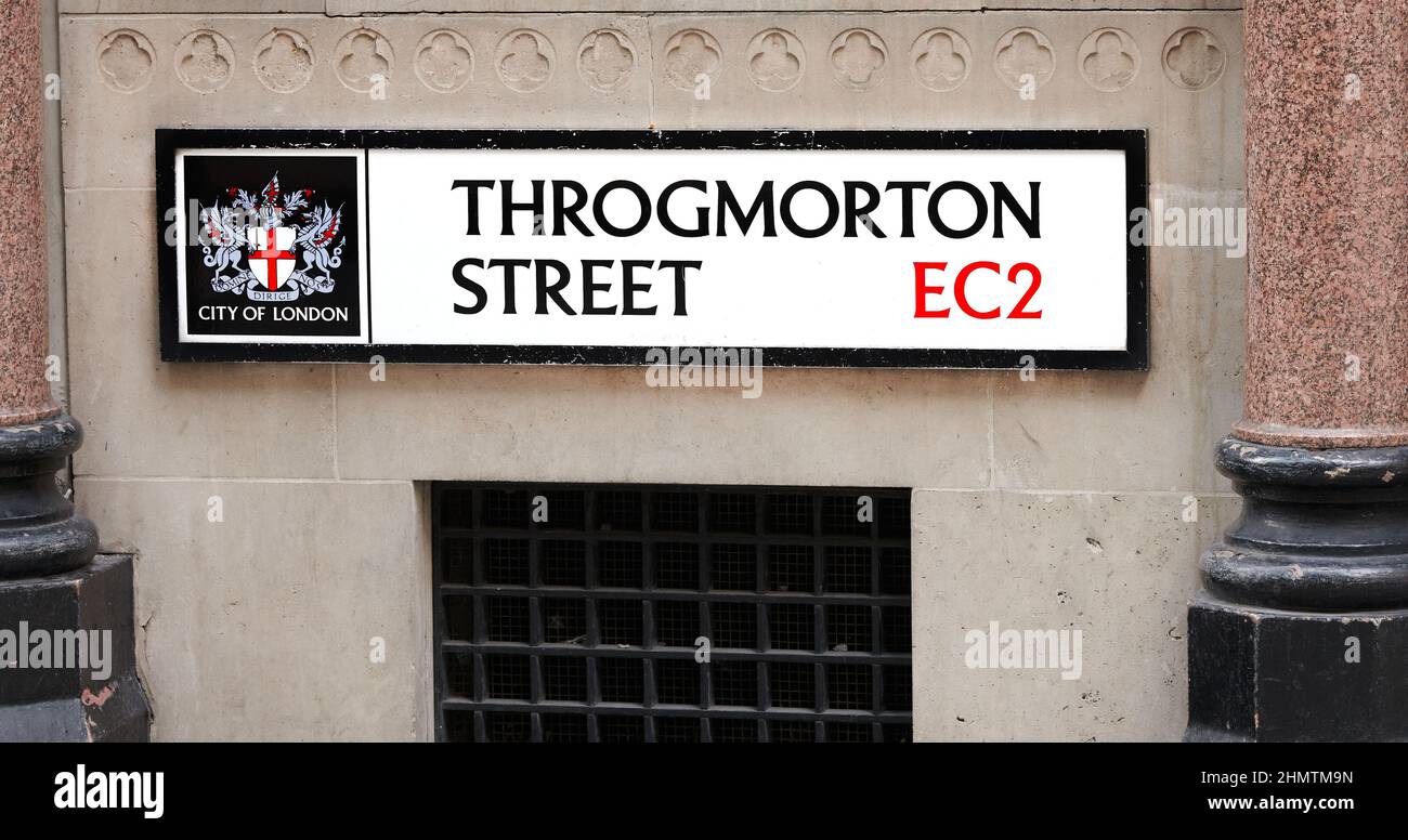 Street sign for Throgmorton street, EC2, in the City of london, England ...