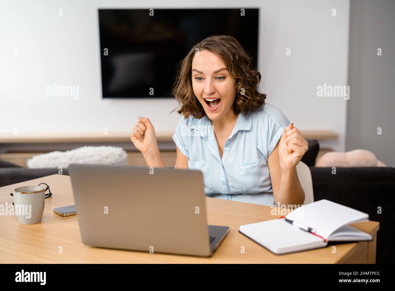 Goal achievement. Hilarious overjoyed young woman scream yes and ...