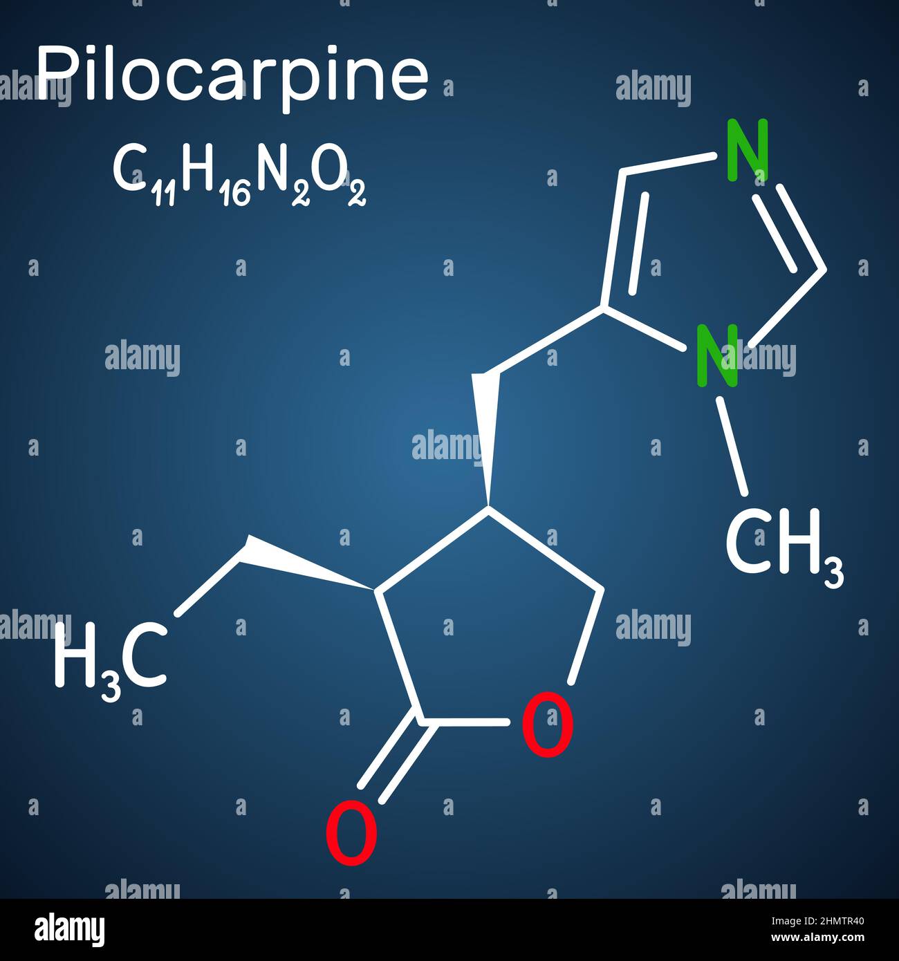 Pilocarpine molecule. It is natural alkaloid, used on the eye to treat ...