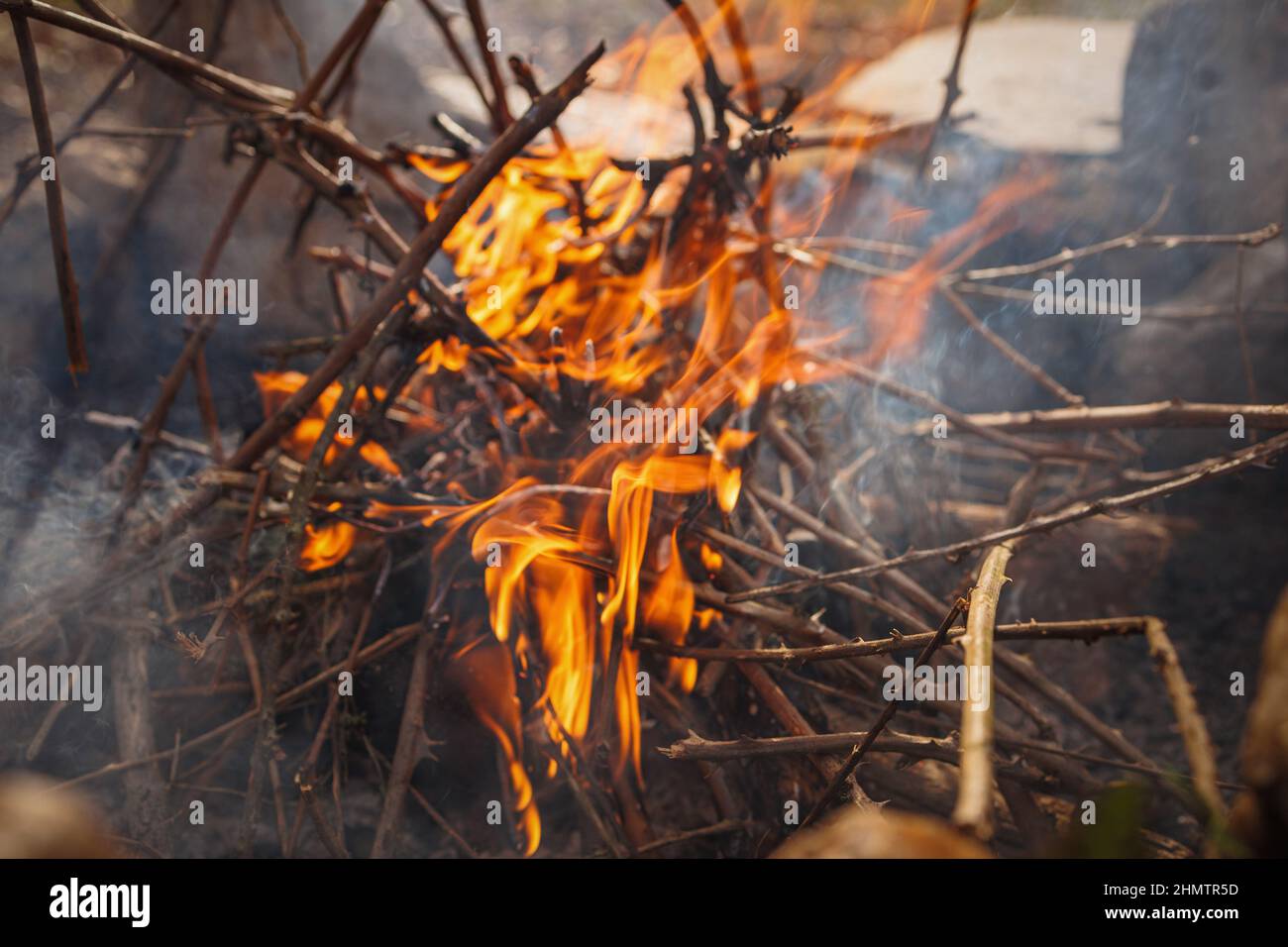 Campfire with smoke burning in closeup Stock Photo - Alamy