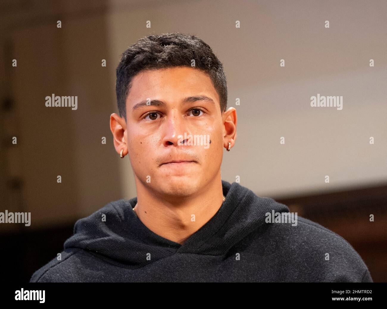 Berlin, Germany. 12th Feb, 2022. Actor Emilio Sakraya sits on stage in ...
