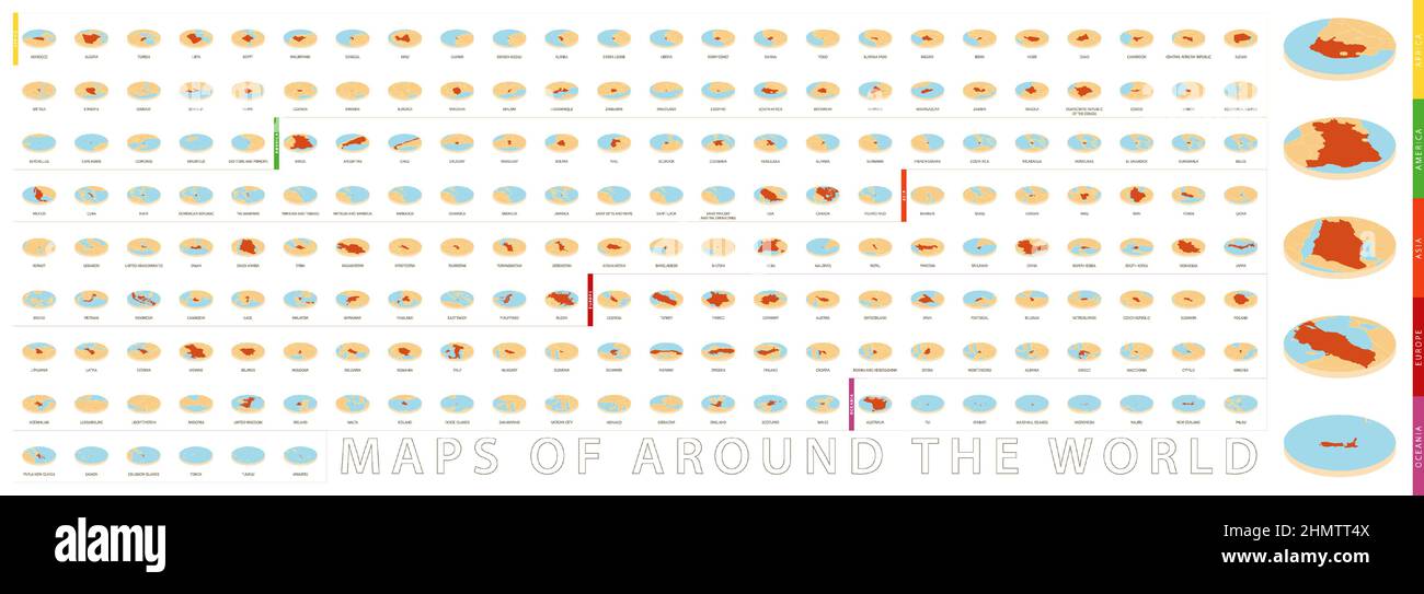 Set of orange round map in isometric style, maps of around the world ...