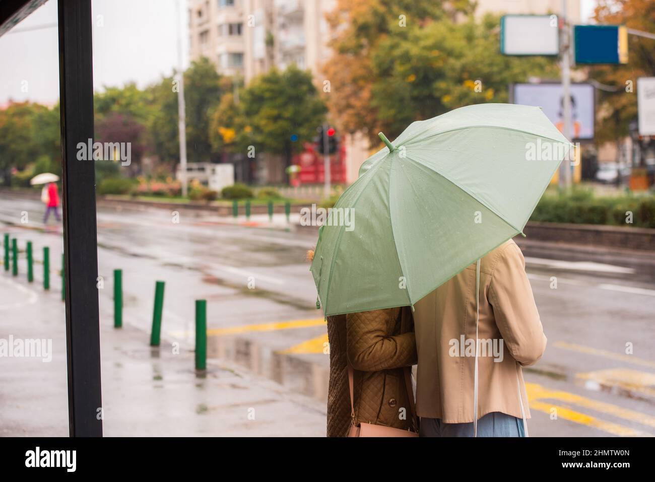 Attractive and amzing young girls are waiting for the bus while is ...