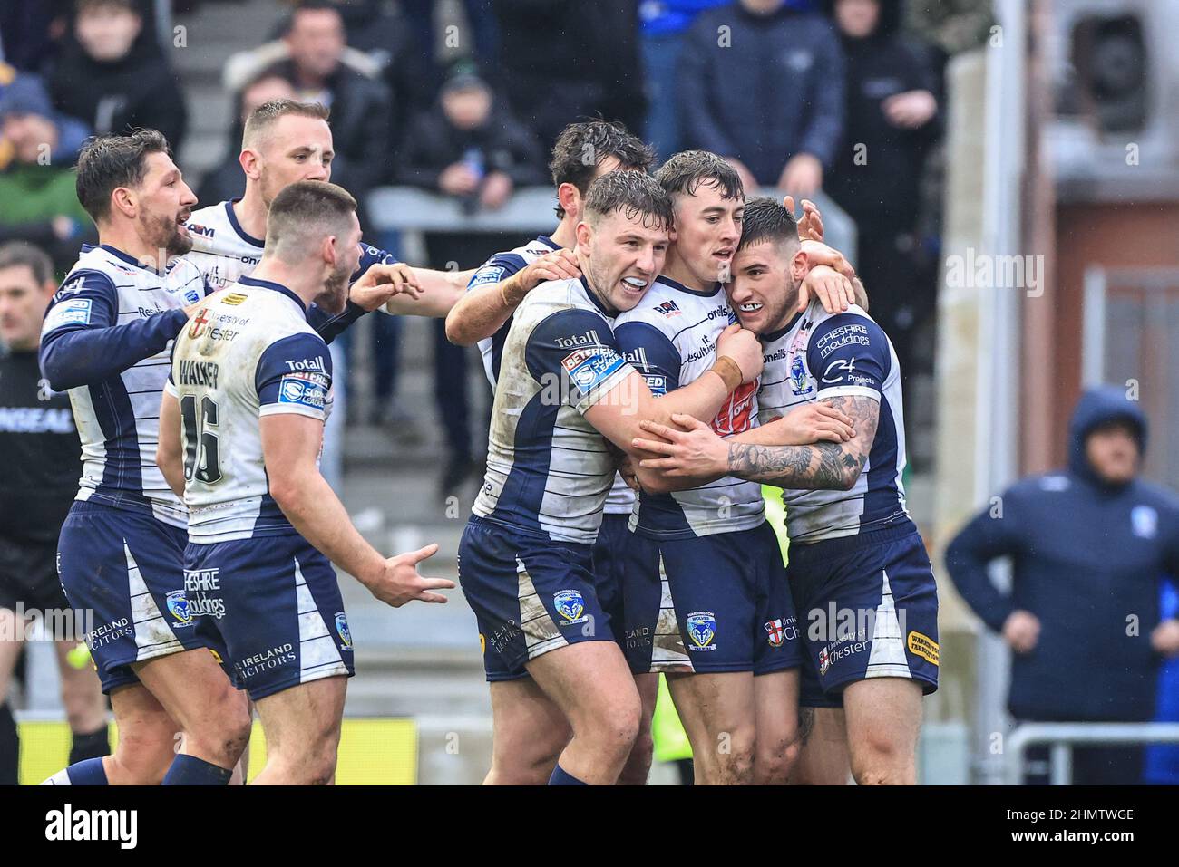 Connor Wrench #23 of Warrington Wolves celebrates his try Stock Photo ...