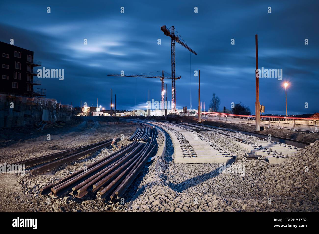 Construction site of railroad track. Building of new tram connection in ...