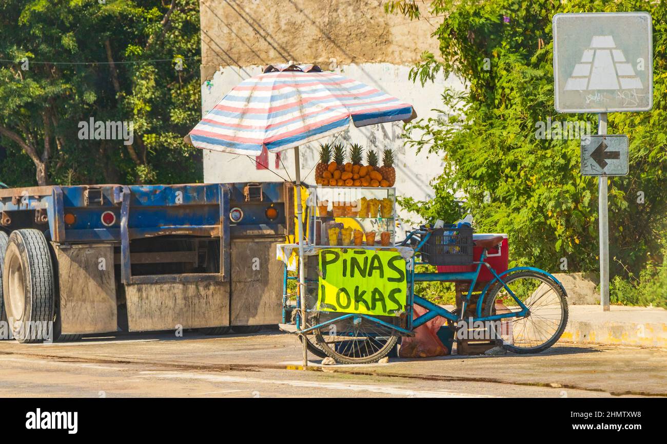 Tulum Mexico 02. February 2022 Street food fruits and drinks on typical ...