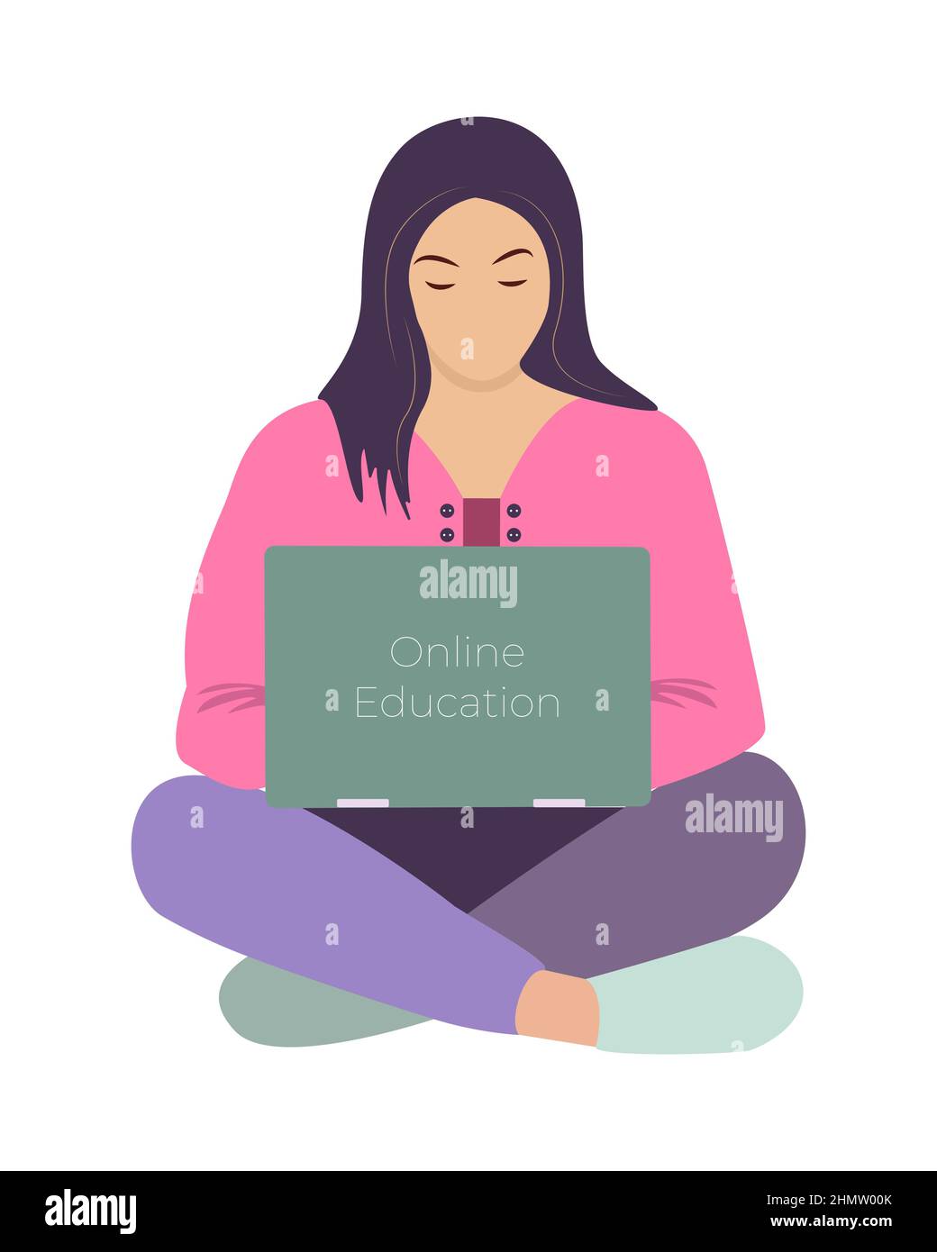 Online education woman with laptop. Sitting reading working online ...