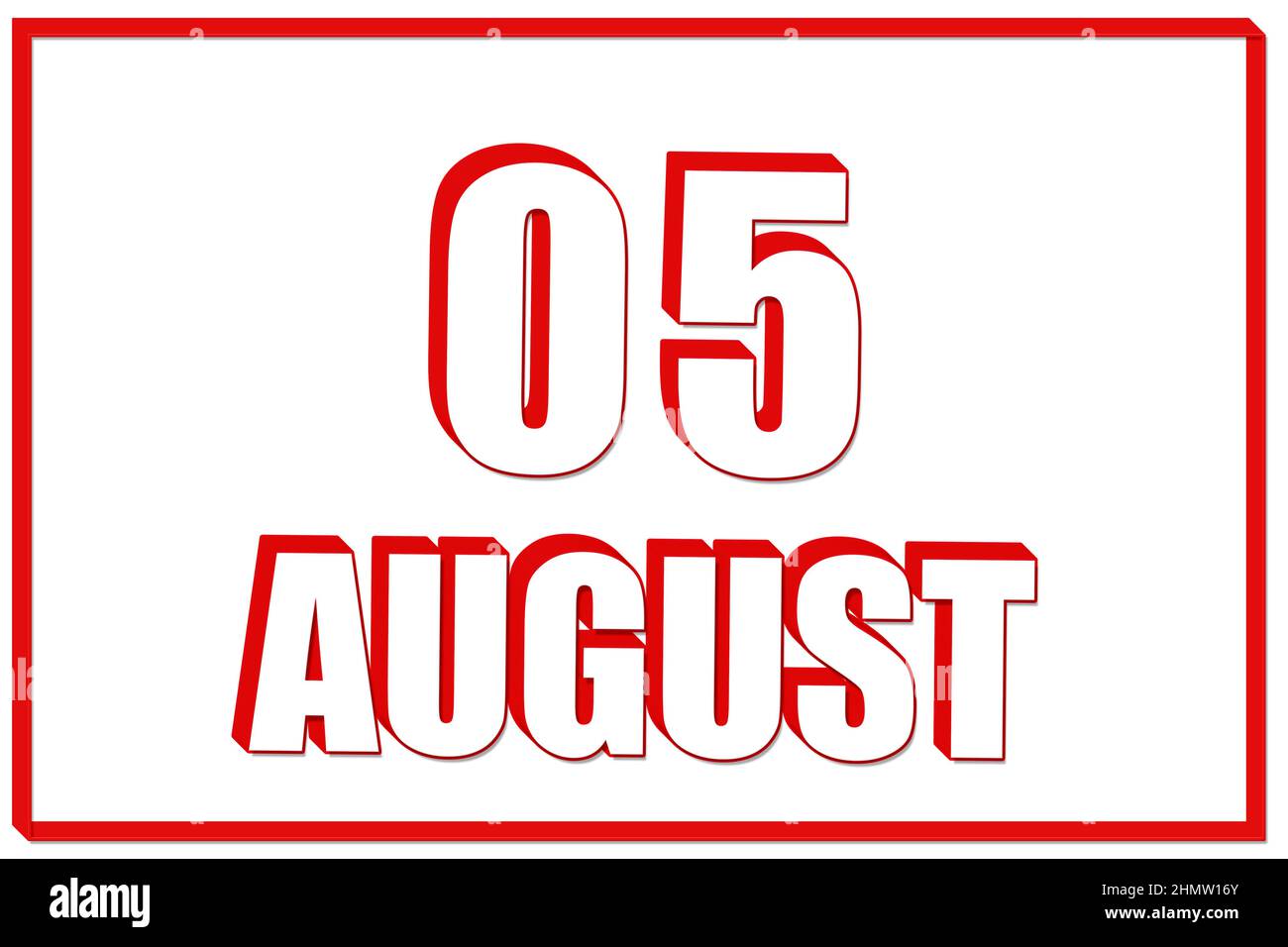 5th day of August. 3d calendar with the date of 5 August on white ...