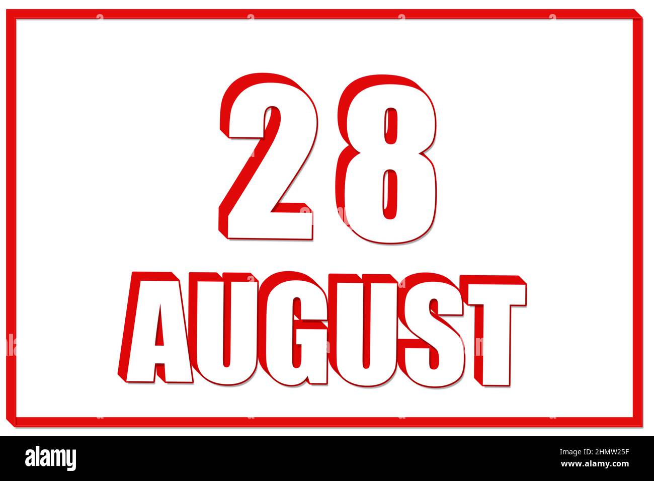28th day of August. 3d calendar with the date of 28 August on white ...