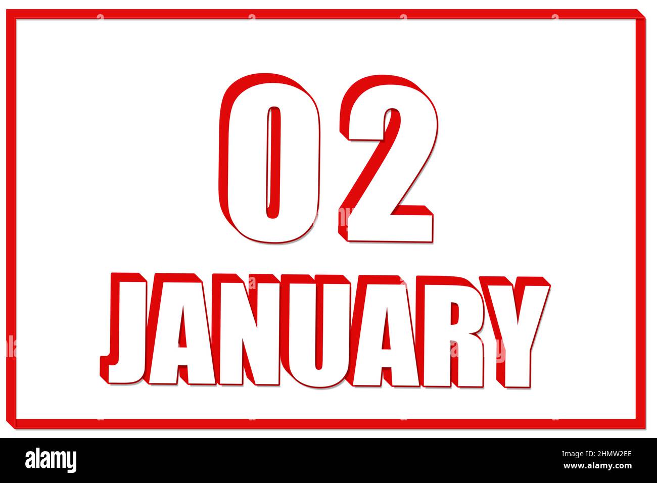 2nd day of January. 3d calendar with the date of 2 January on white ...