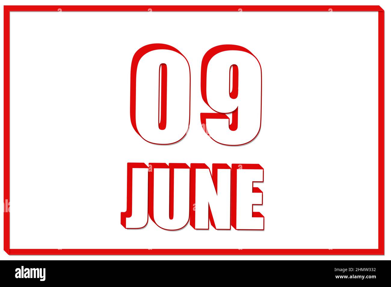 9th day of June. 3d calendar with the date of 9 June on white ...