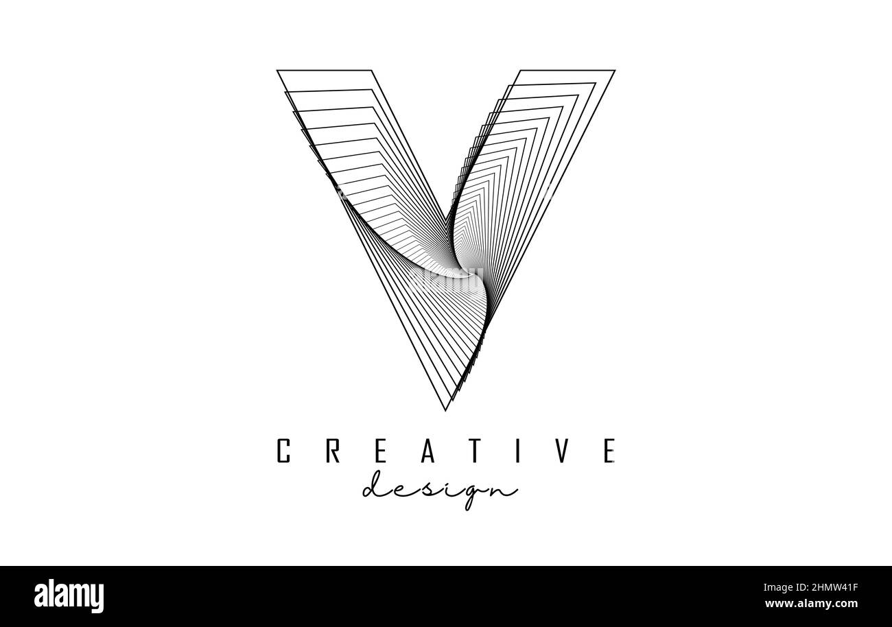 Letter V logo with lines and spiral effect. Vector illustration with ...