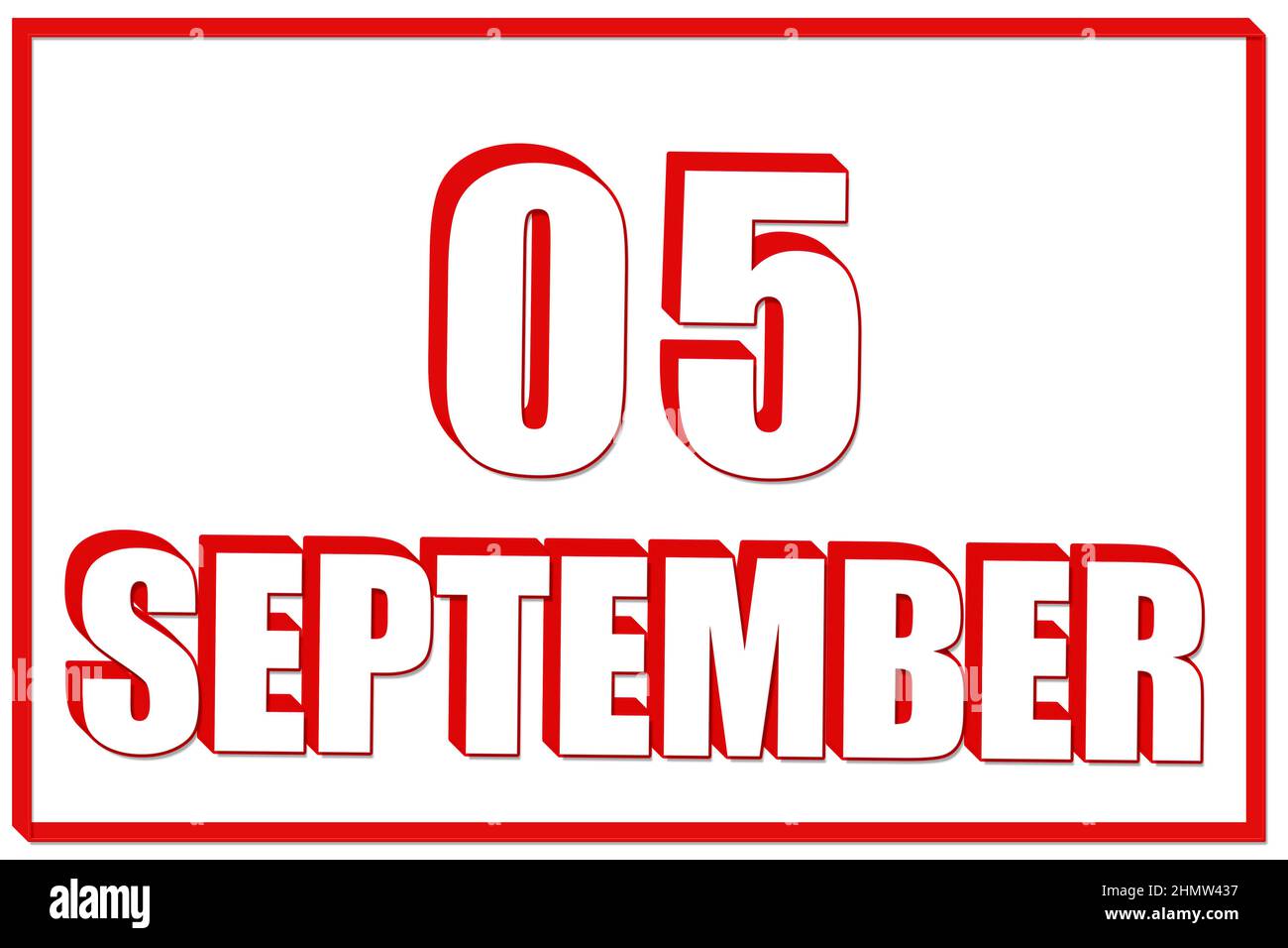 5th day of September. 3d calendar with the date of 5 September on white ...