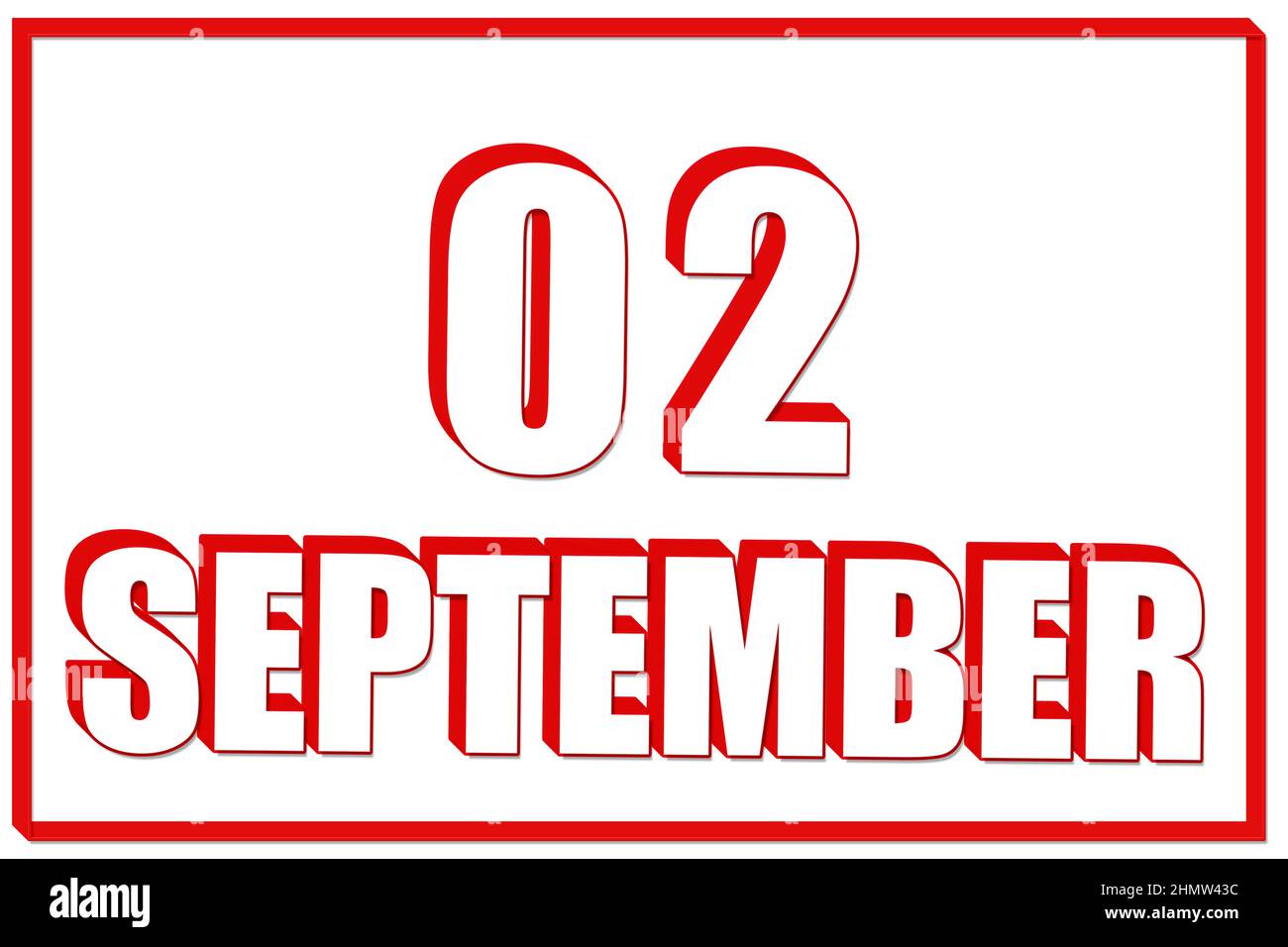 2nd day of September. 3d calendar with the date of 2 September on white ...