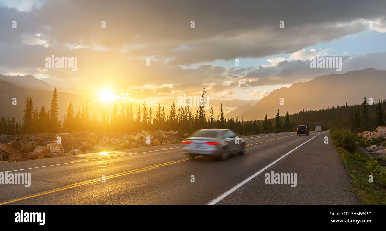 Scenic Icefields Pkwy in Banff National Park at sunset. It travels ...