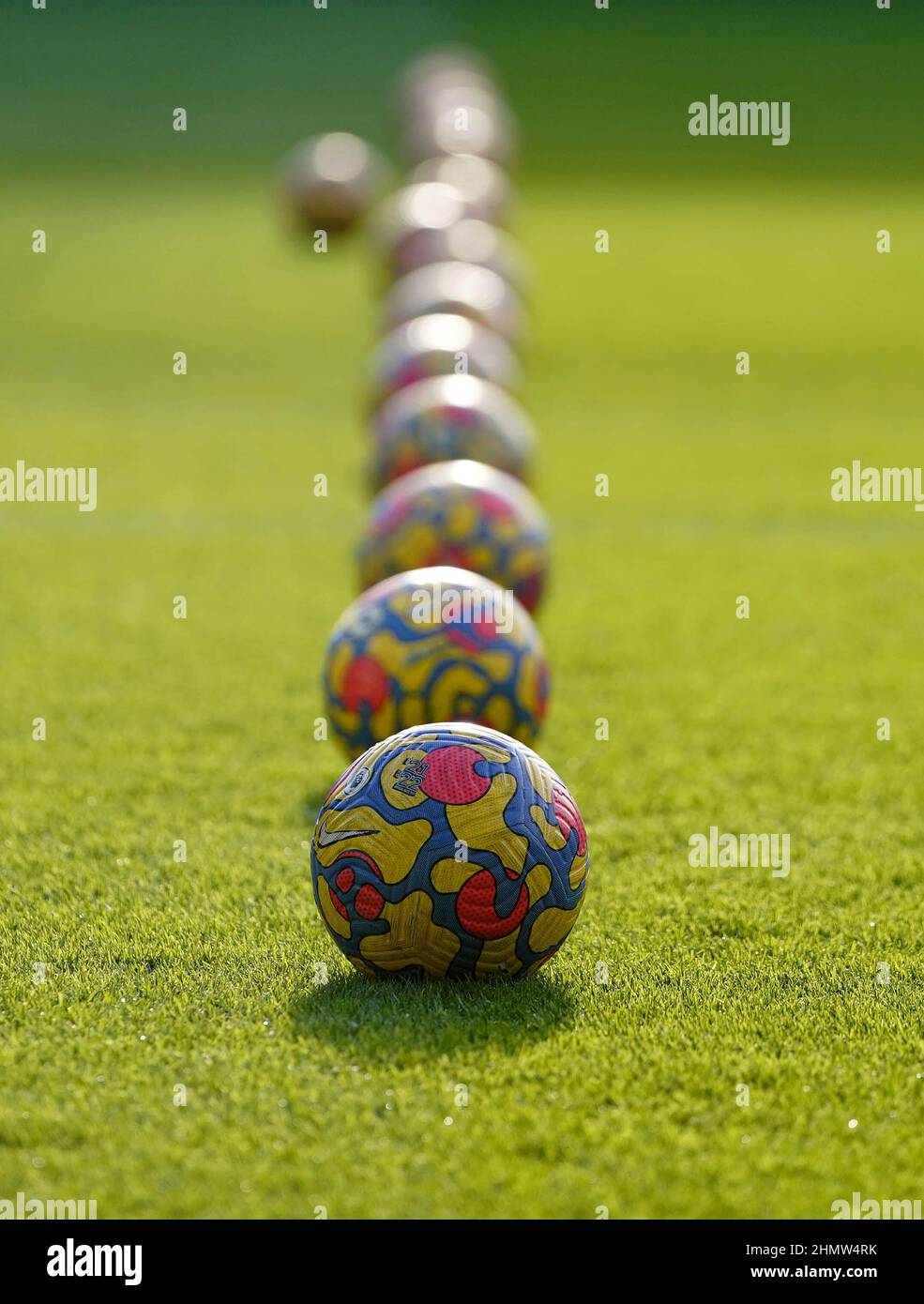 Match balls lined up on the pitch before the Premier League match at ...