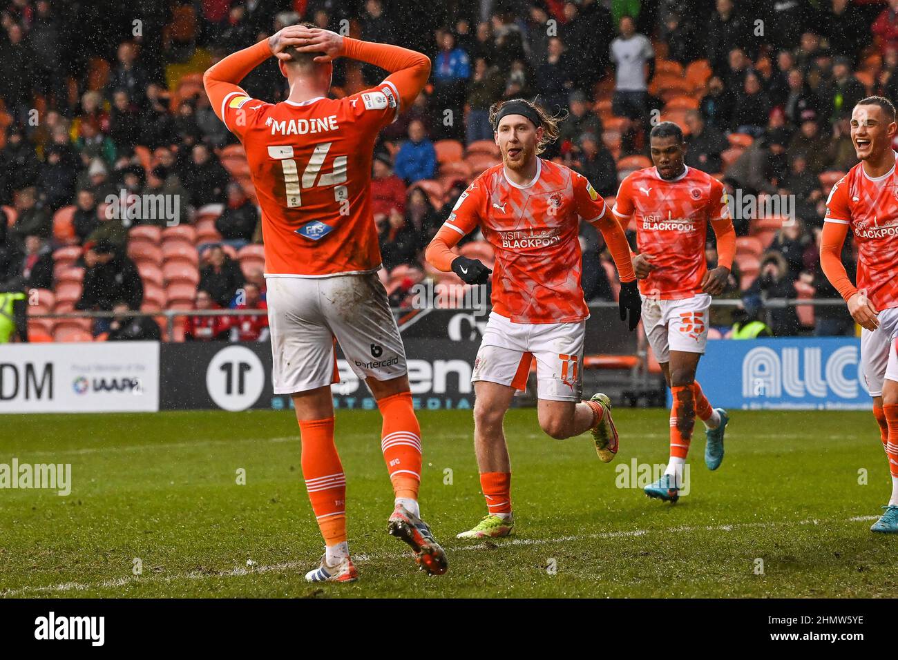 Josh Bowler #11 of Blackpool celebrates his goal to make it 1-0 Stock ...