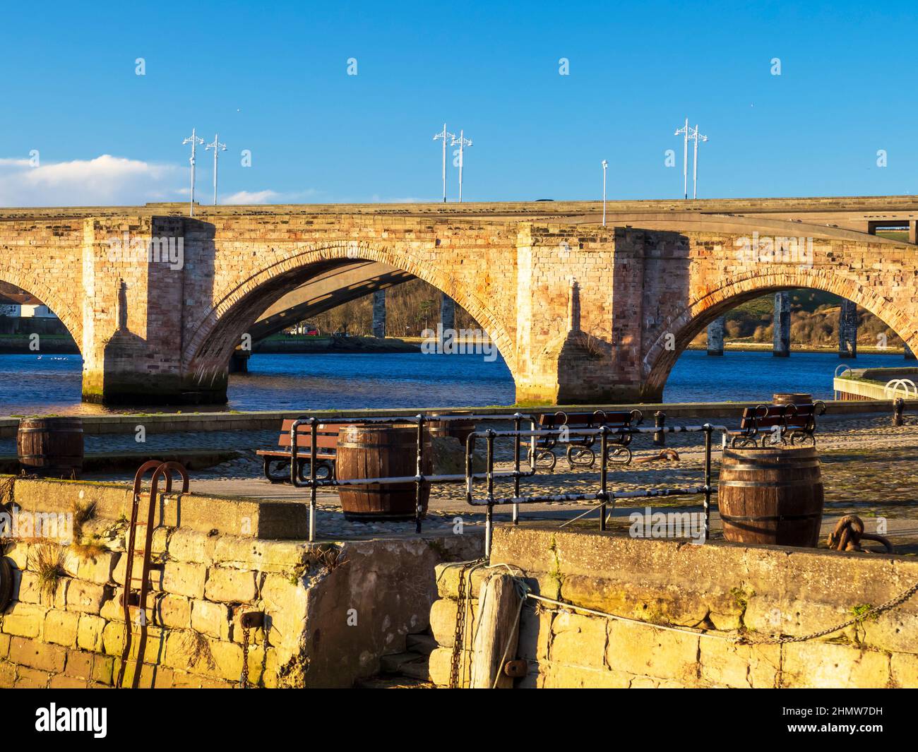 The River Tweed and Berwick Old Bridge with the Royal Tweed Bridge ...
