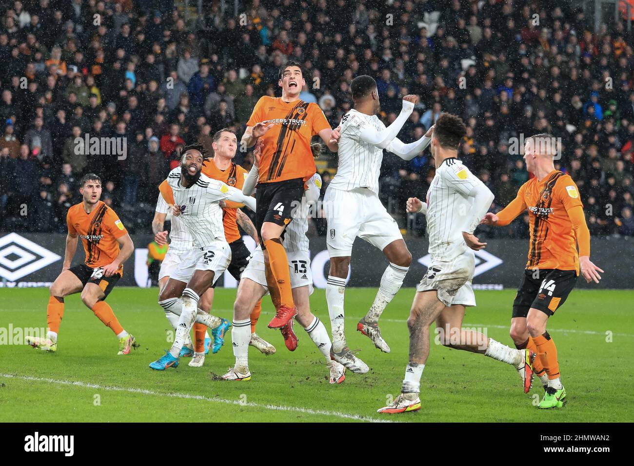 Jacob Greaves #4 of Hull City rises highest for the incoming free kick ...