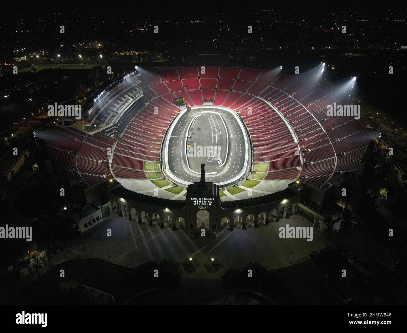 General aerial overall view of construction of a NASCAR track being ...