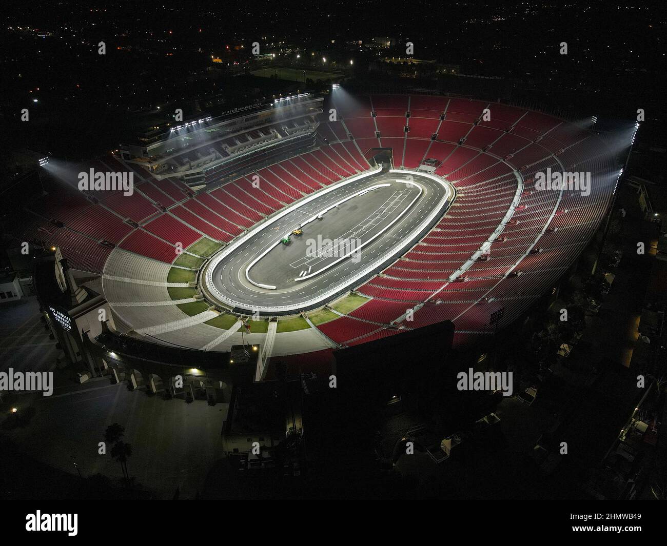 General aerial overall view of construction of a NASCAR track being ...