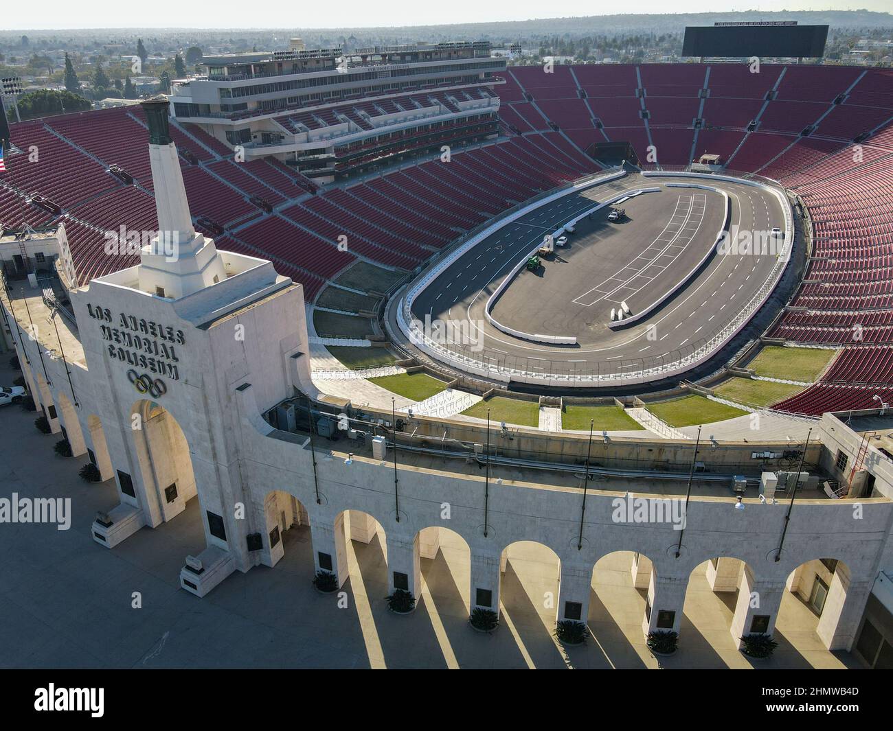 General aerial overall view of construction of a NASCAR track being ...