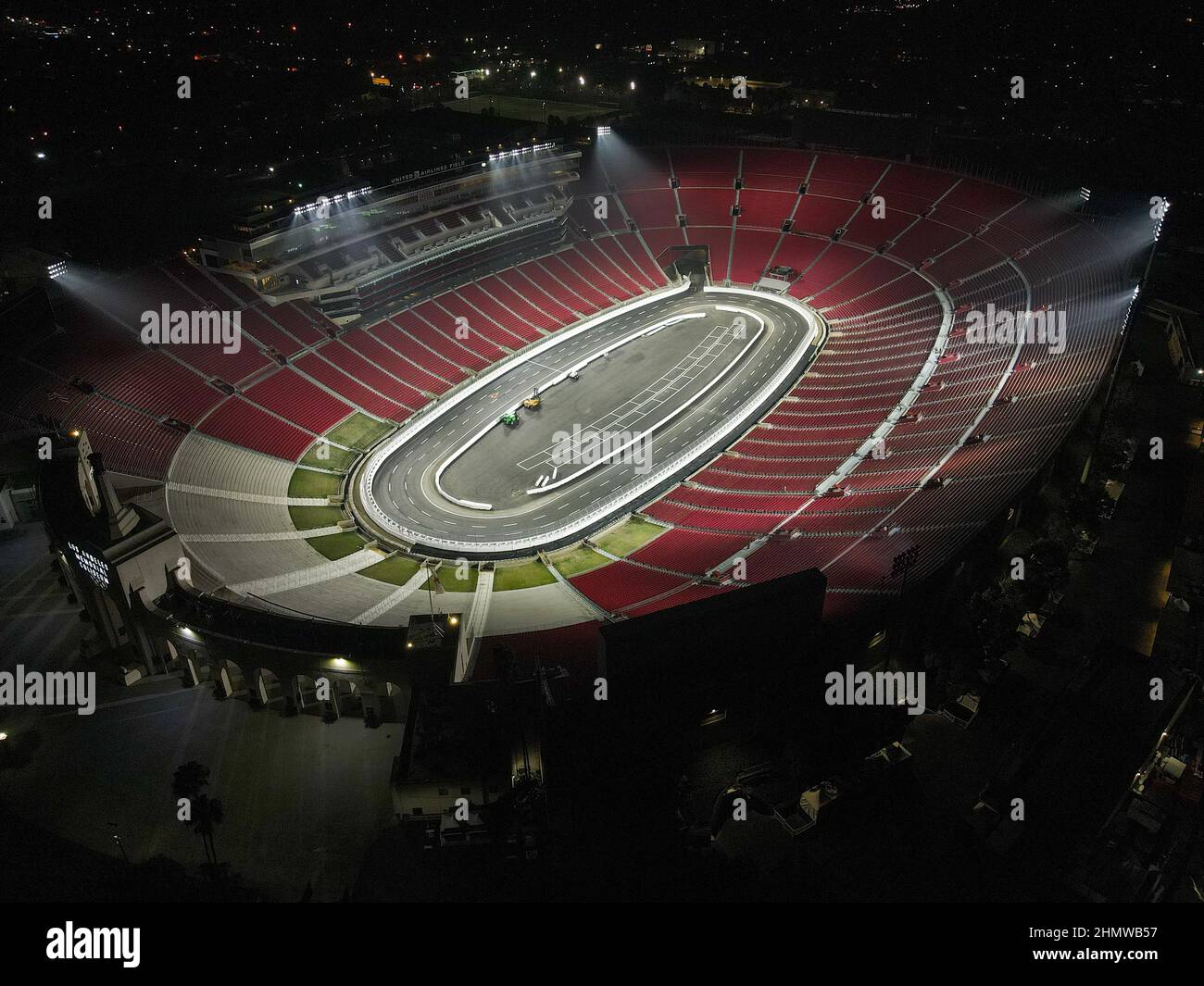 General aerial overall view of construction of a NASCAR track being ...