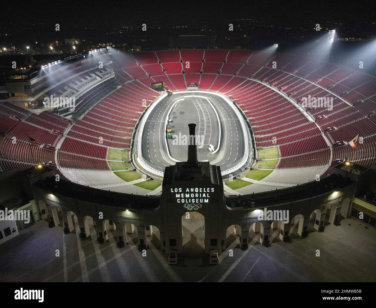 General aerial overall view of construction of a NASCAR track being ...