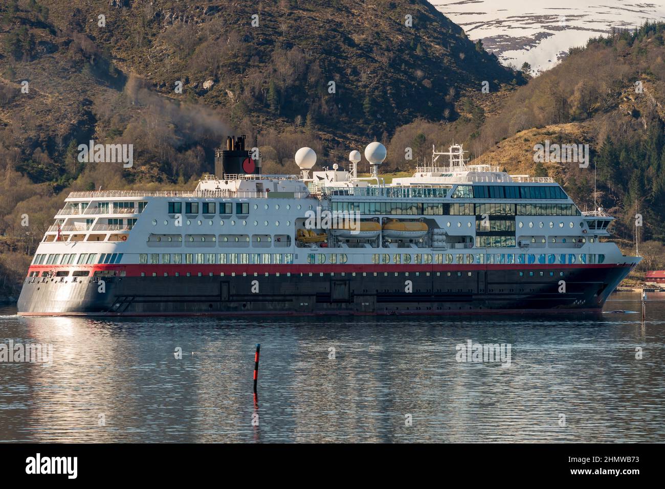 ULSTEINVIK, NORWAY - 2020 APRIL 22. One of the hurtigrutens vessel ...