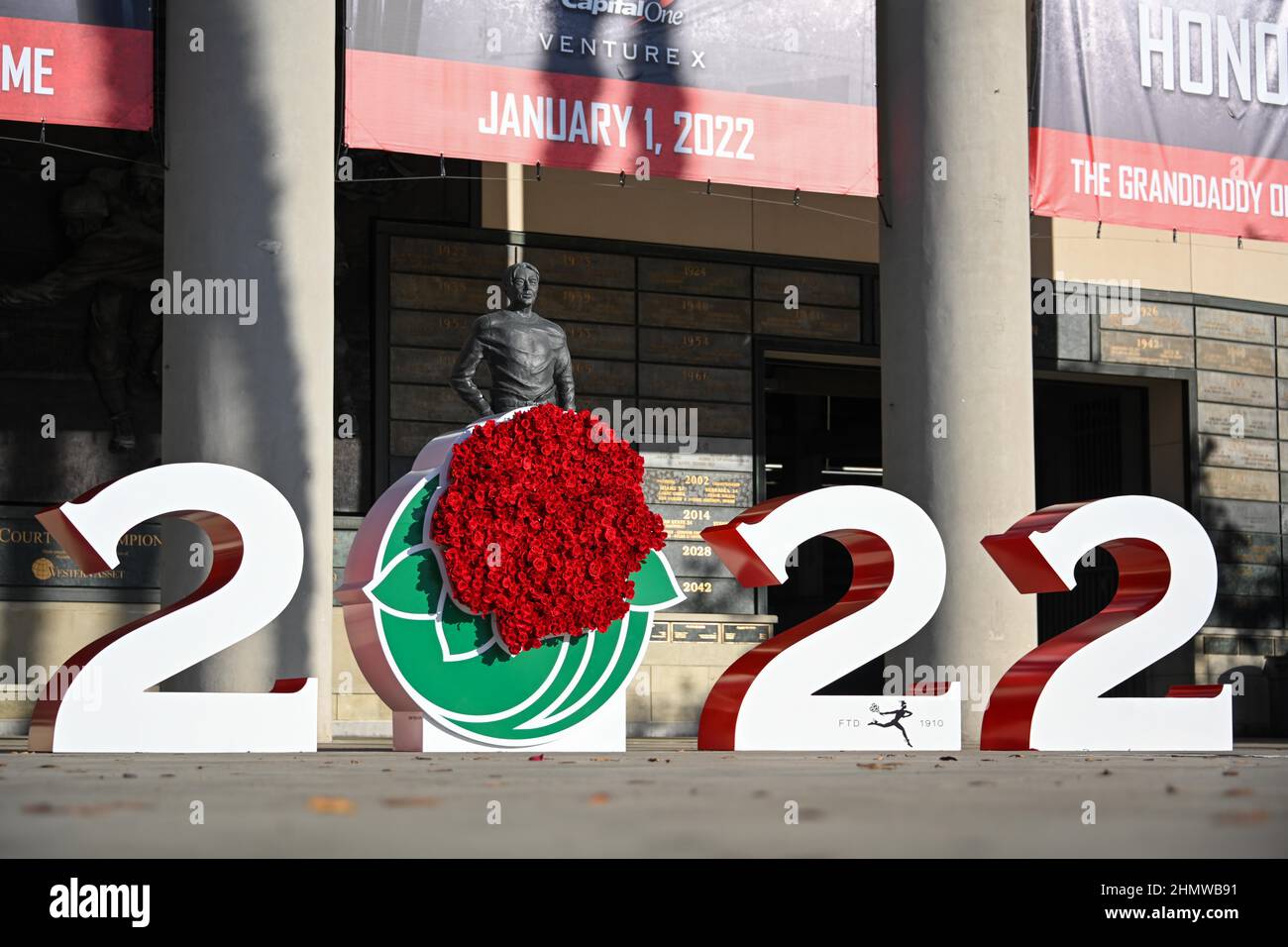 General overall view of 2022 signage at the Rose Bowl stadium prior to ...