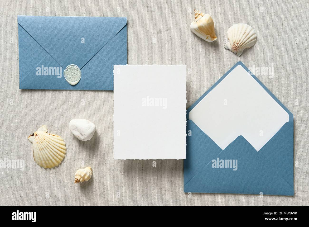 Nautical wedding invitation card mockup and blue envelopes with ...