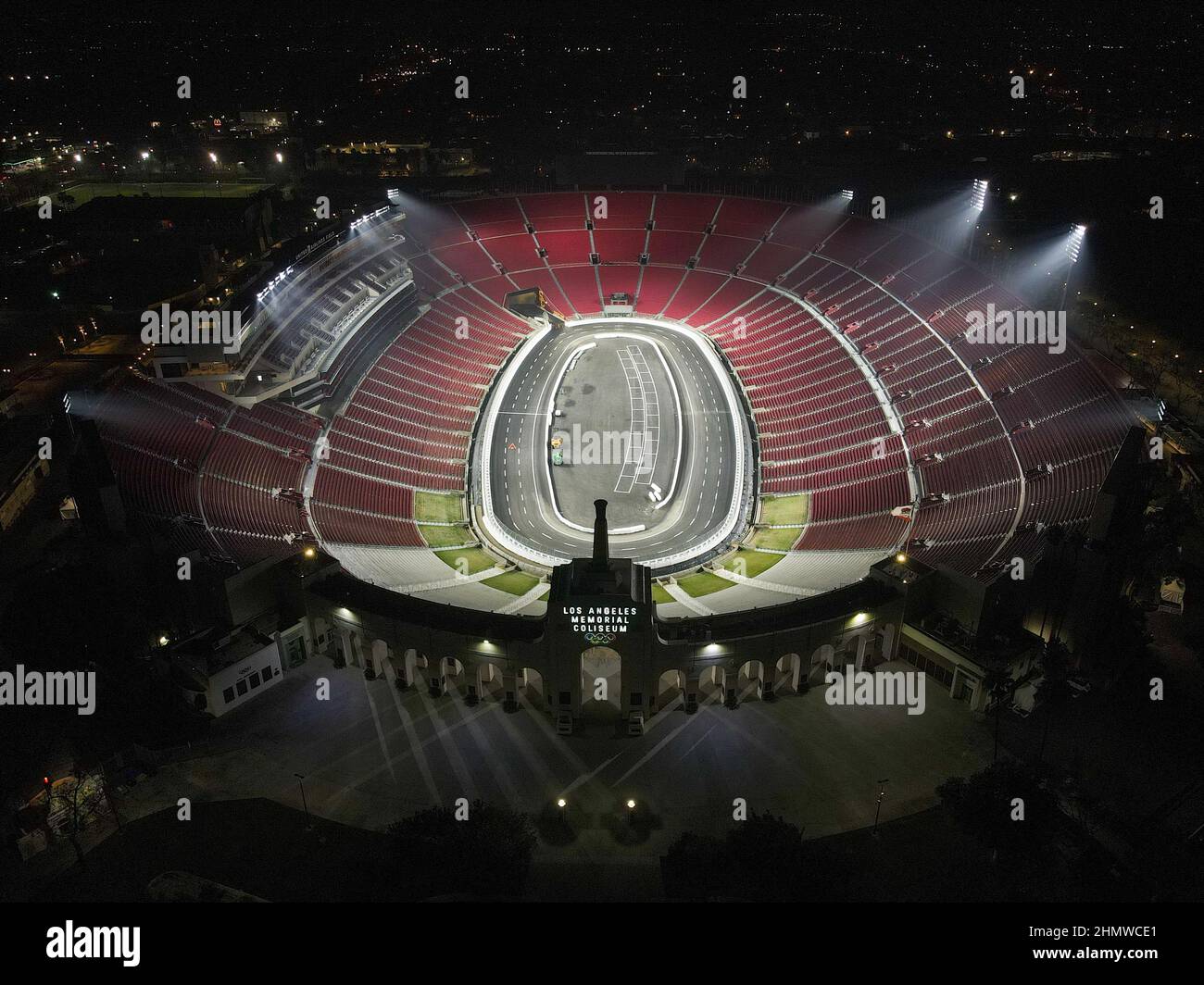 General aerial overall view of construction of a NASCAR track being ...