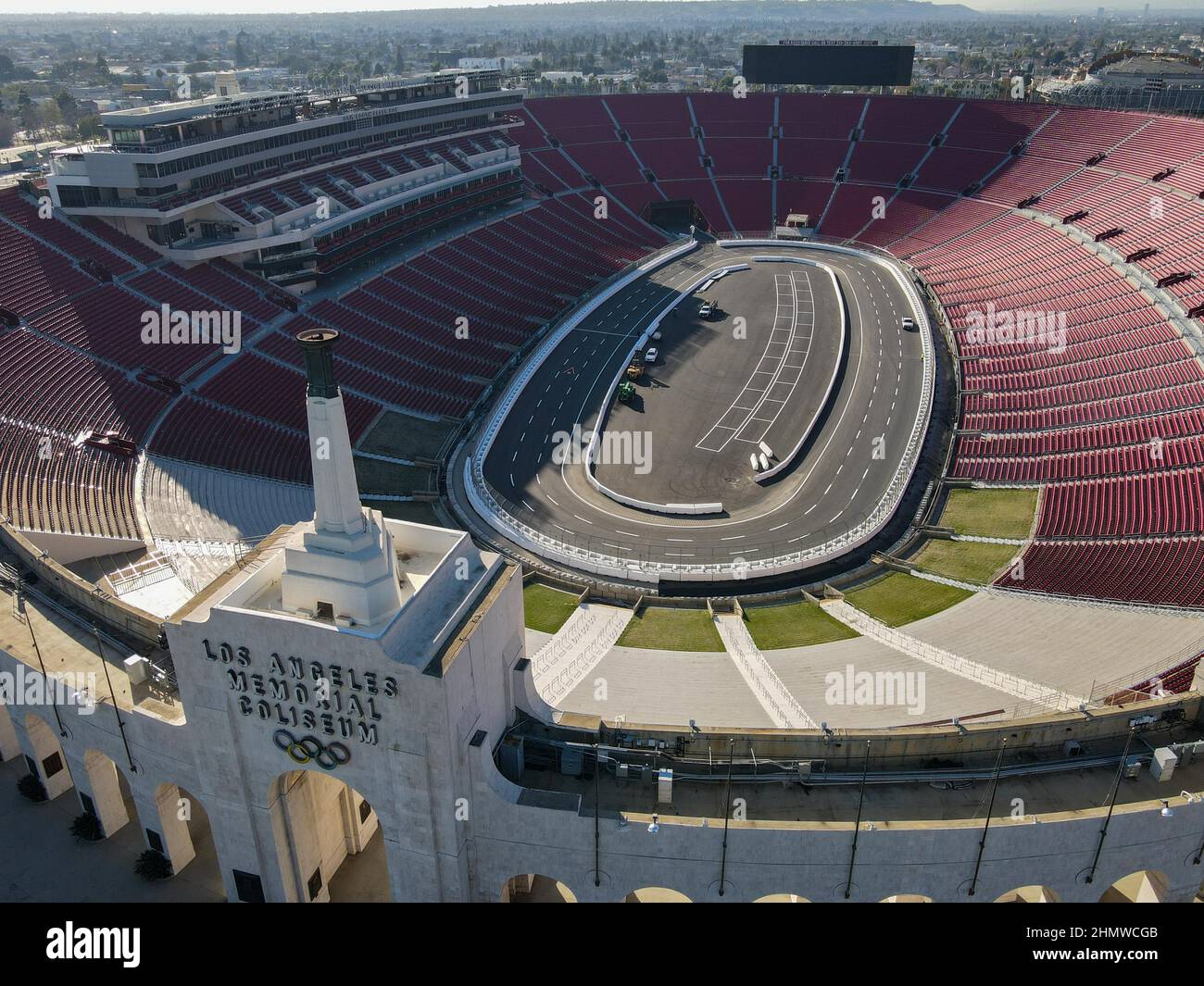 General aerial overall view of construction of a NASCAR track being ...