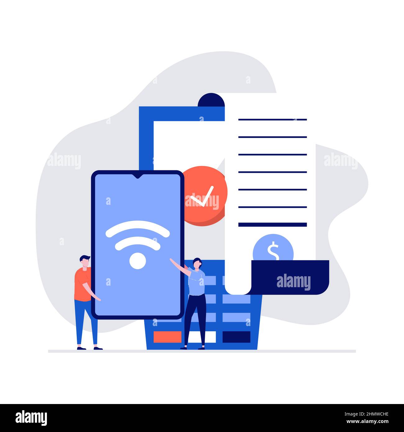 NFC technology concept with characters, bill, smartphone, credit card ...