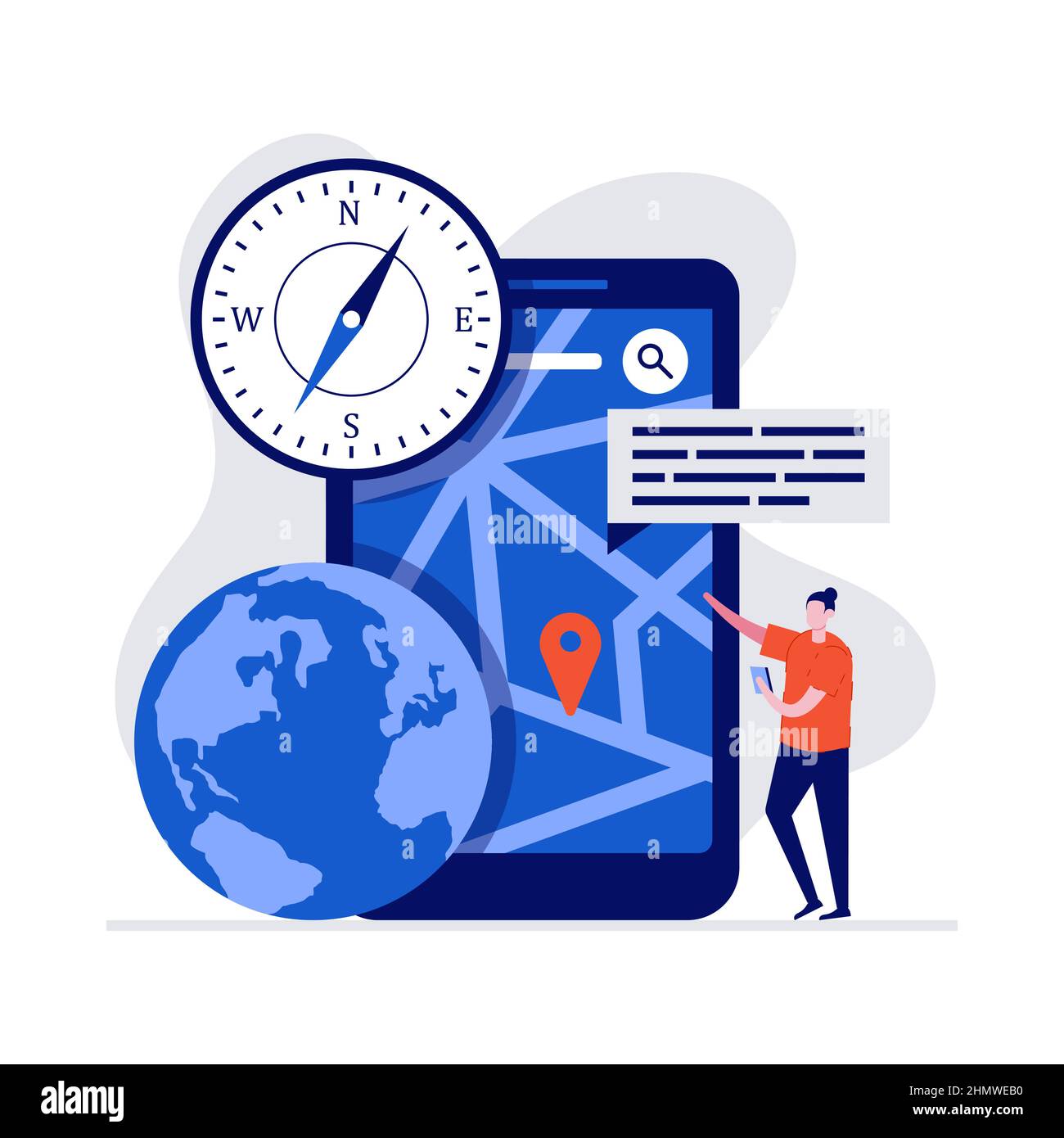 Mobile navigation concept with character, big smartphone, GPS pin and ...