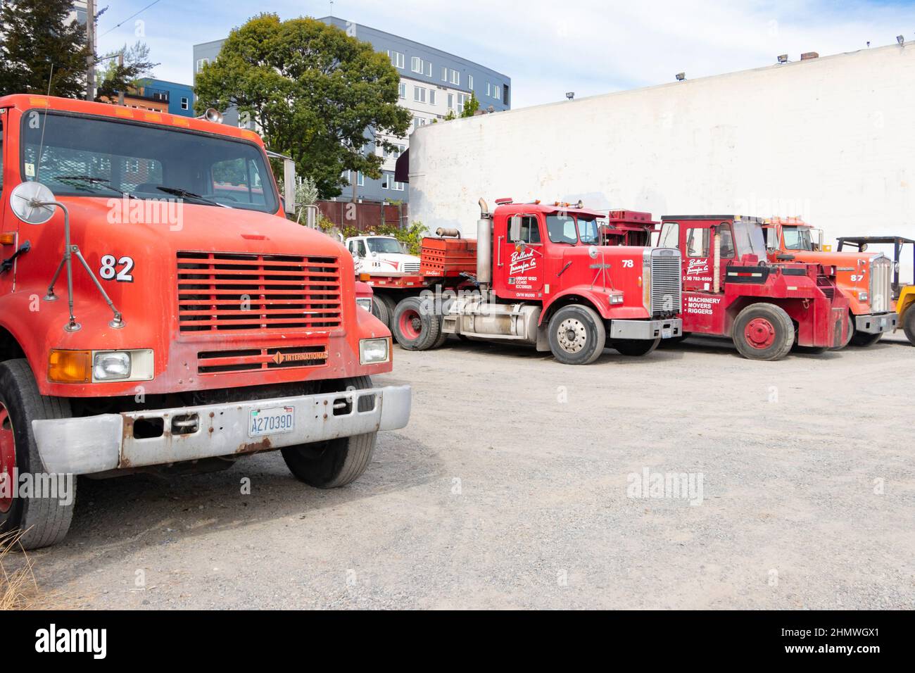 wide angled view of a line of heavy trucks in Seattle Washington usa ...