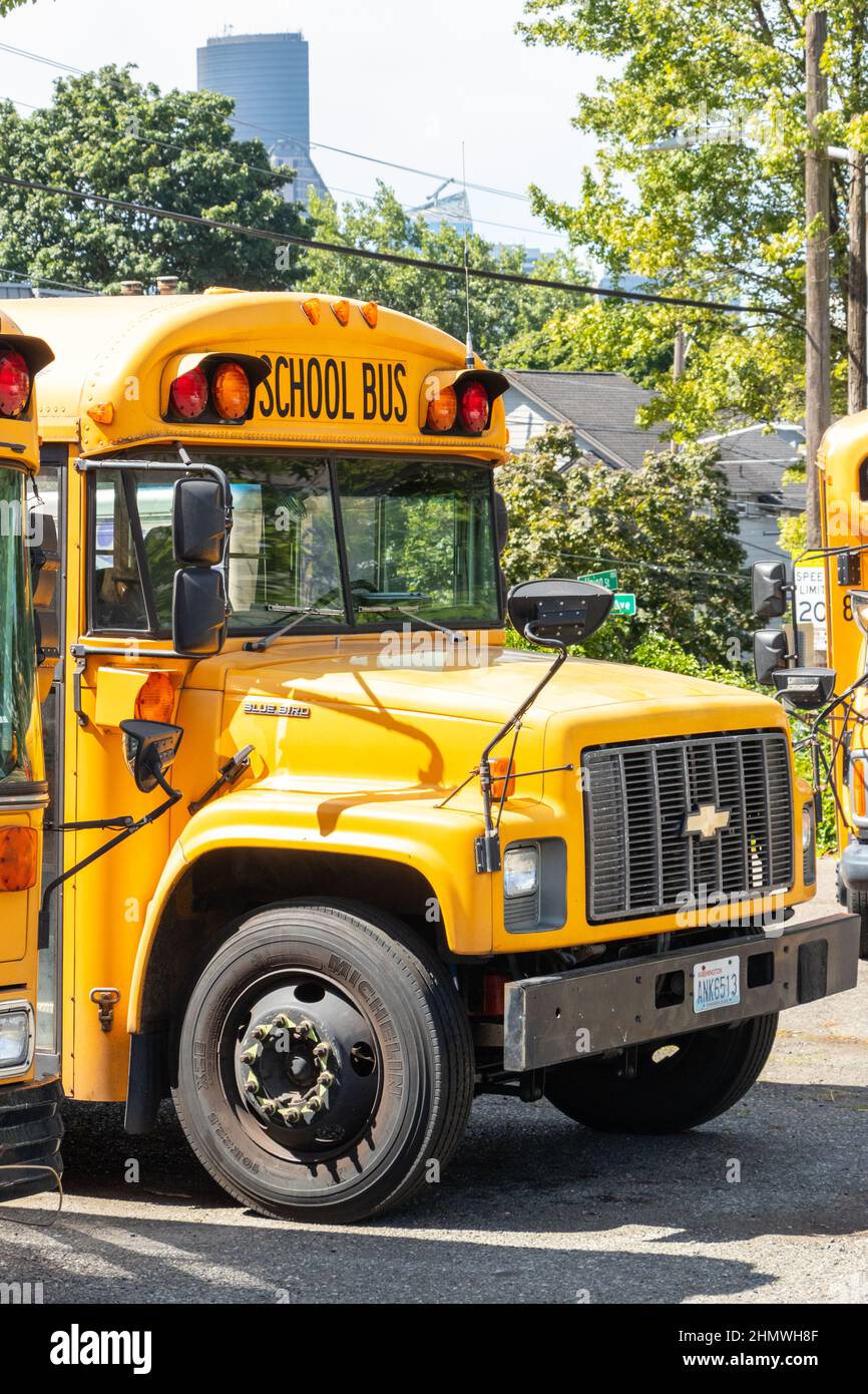 yellow American school bus in Seattle Washington Stock Photo - Alamy