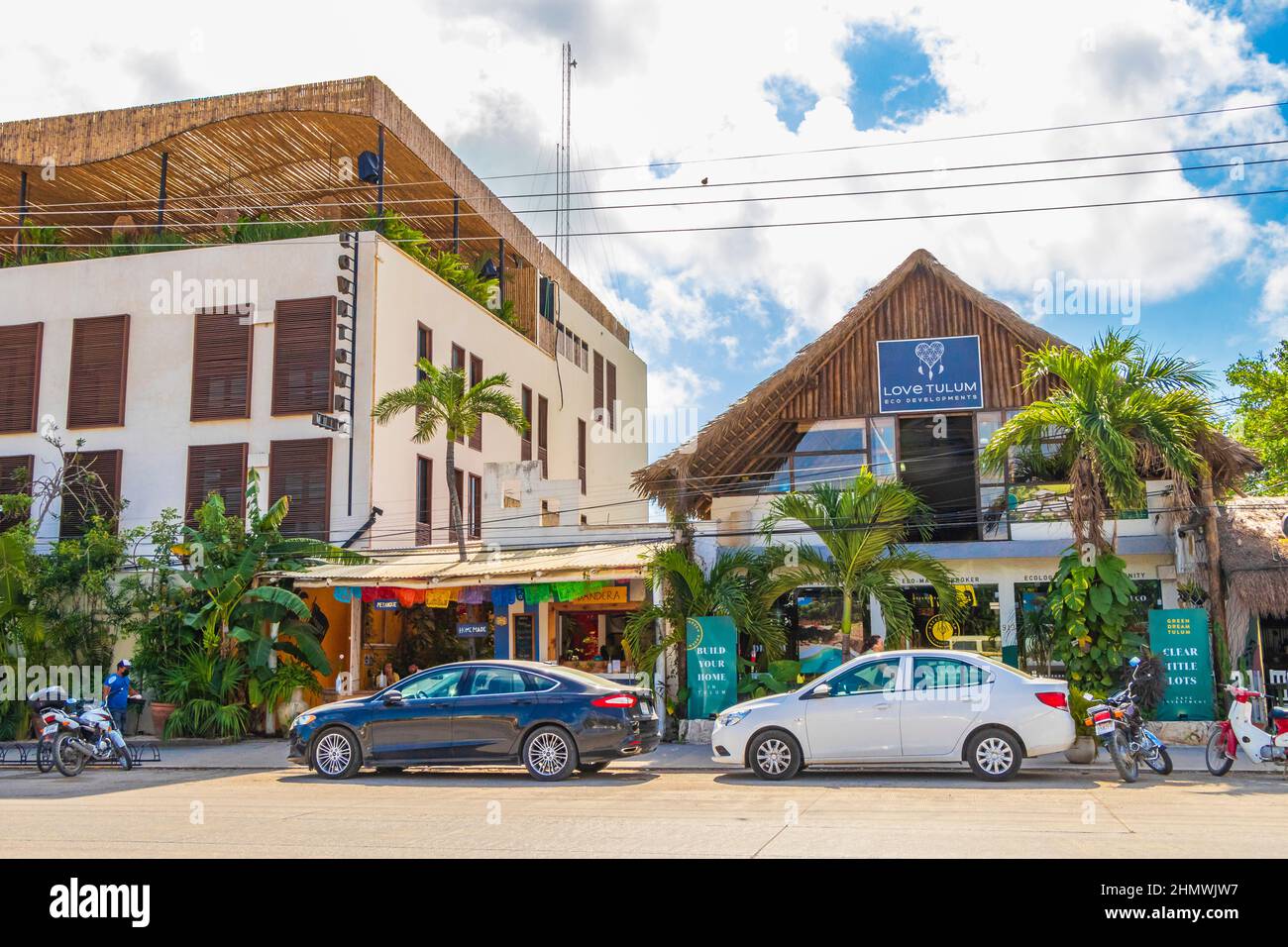 Tulum Mexico 02. February 2022 Driving thru typical colorful street ...