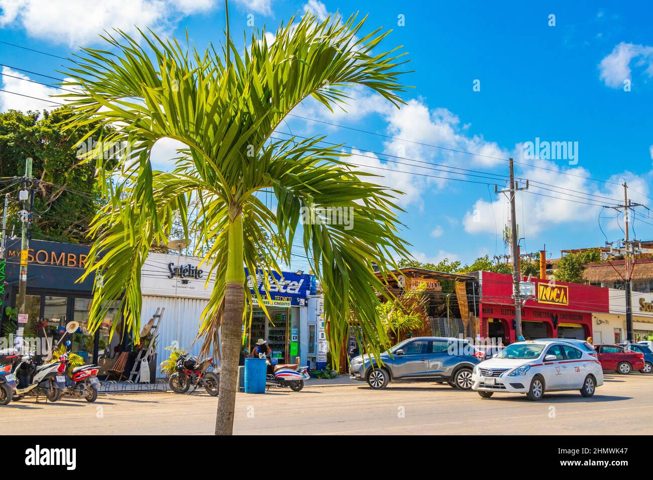 Tulum Mexico 02. February 2022 Driving thru typical colorful street ...