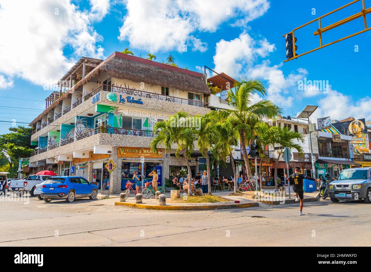 Tulum Mexico 02. February 2022 Driving thru typical colorful street ...
