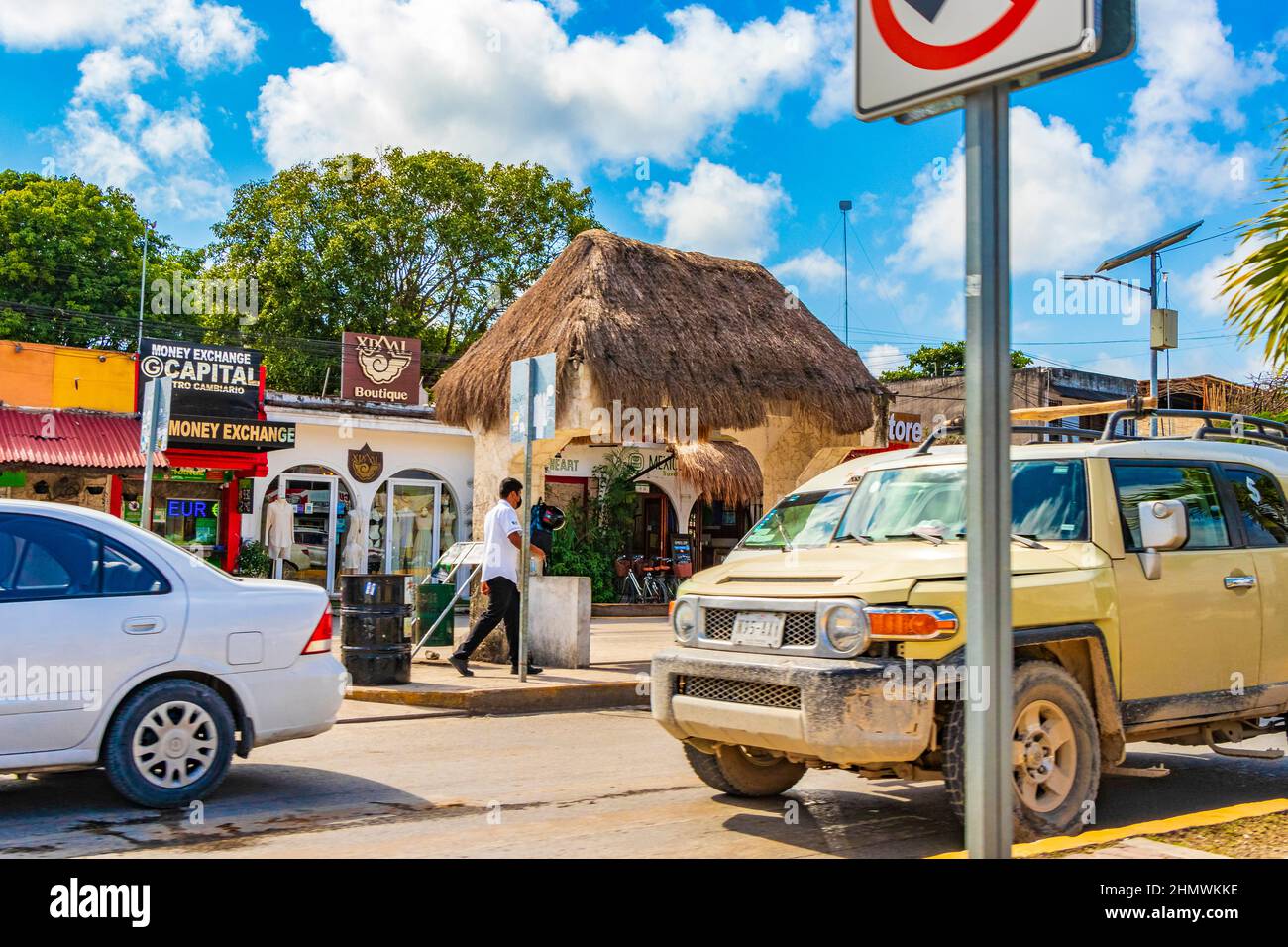 Tulum Mexico 02. February 2022 Driving thru typical colorful street ...