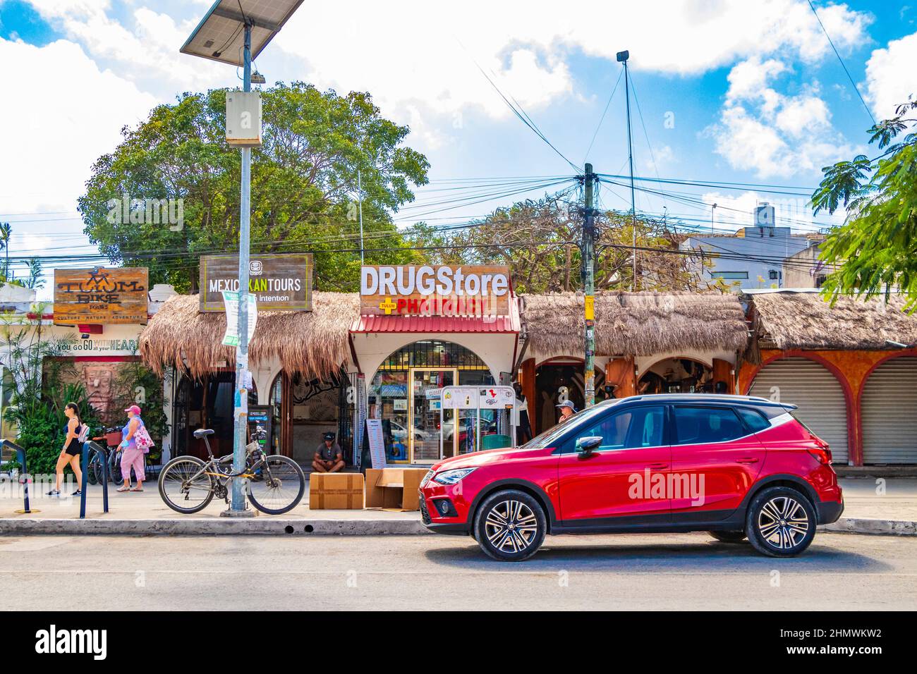 Tulum Mexico 02. February 2022 Driving thru typical colorful street ...