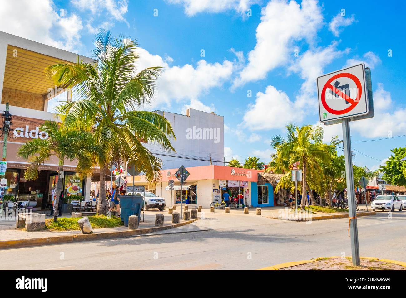 Tulum Mexico 02. February 2022 Driving thru typical colorful street ...
