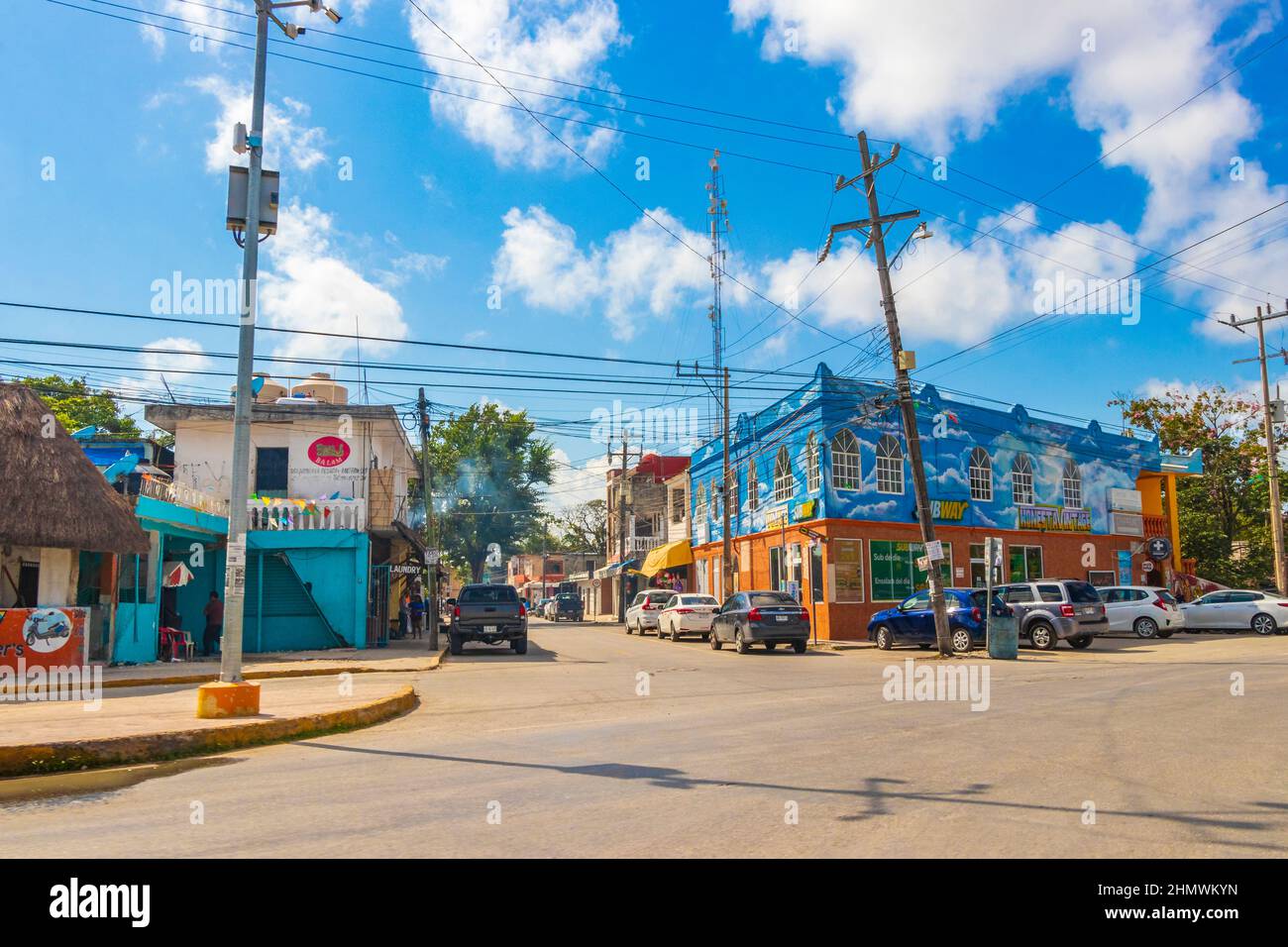 Tulum Mexico 02. February 2022 Driving thru typical colorful street ...
